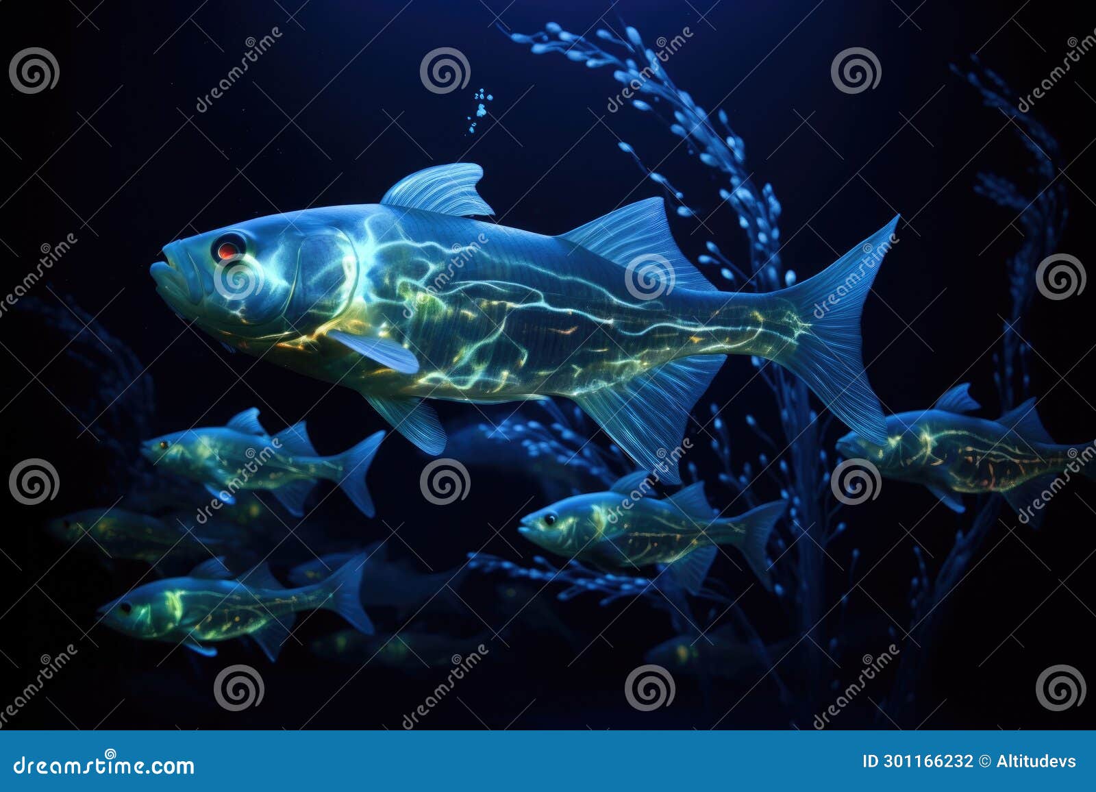 A Swirling School of Bioluminescent Fish Illuminating the Darkness ...