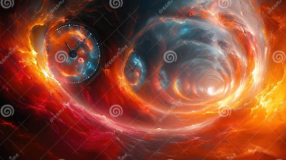 A Swirling Vortex of Fiery Clouds with a Clock Face in the Foreground ...