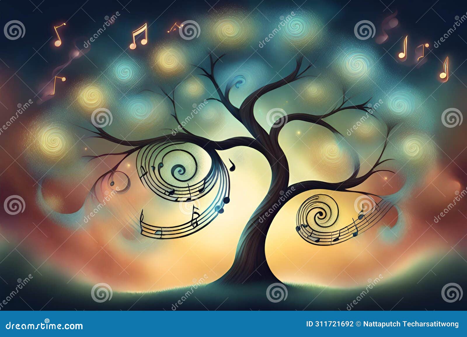 Swirly Tree with Music Notes Stock Illustration - Illustration of bloom ...