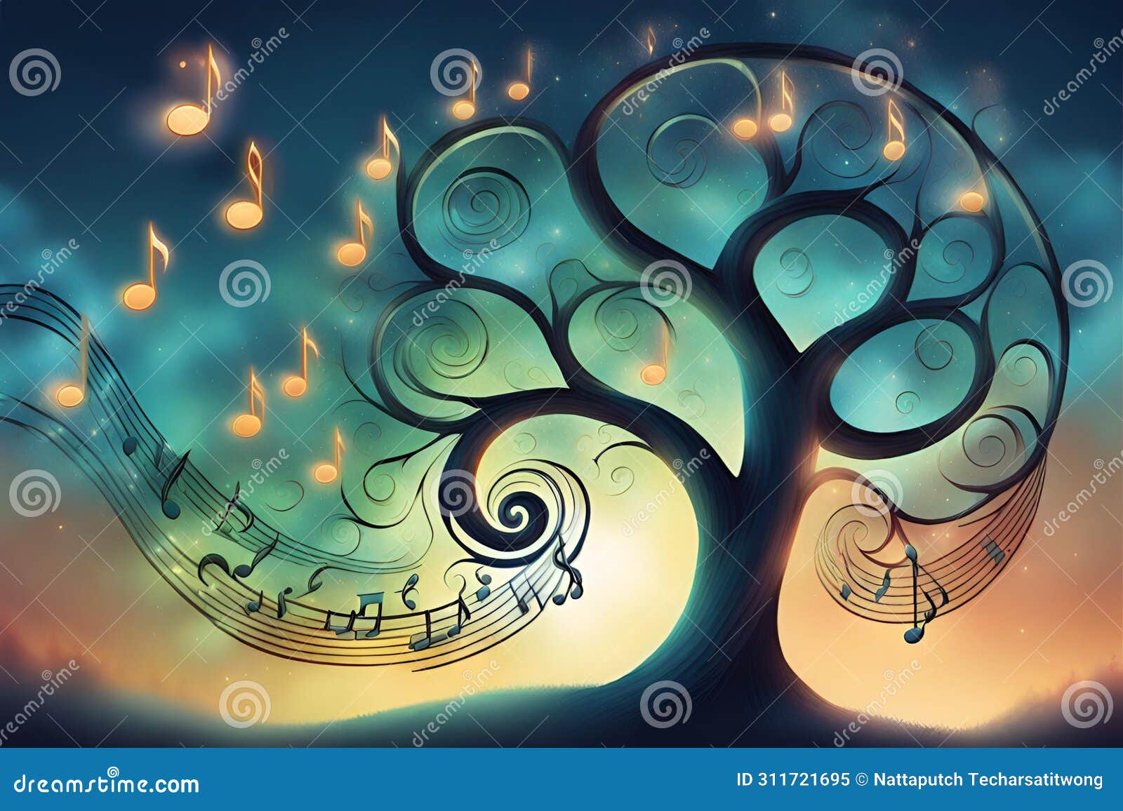 Swirly Tree with Music Notes Stock Illustration - Illustration of ...