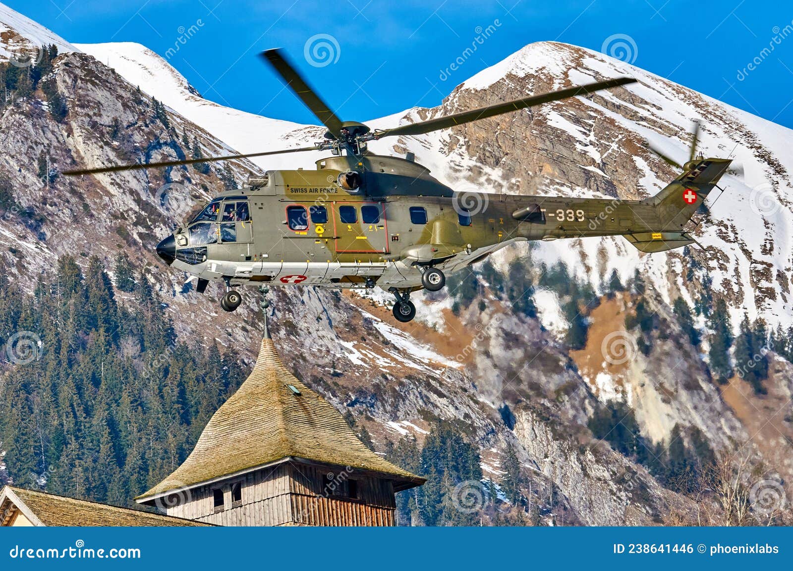 Eurocopter Super Puma Helicopters Flying In Line Over A Farm Royalty ...