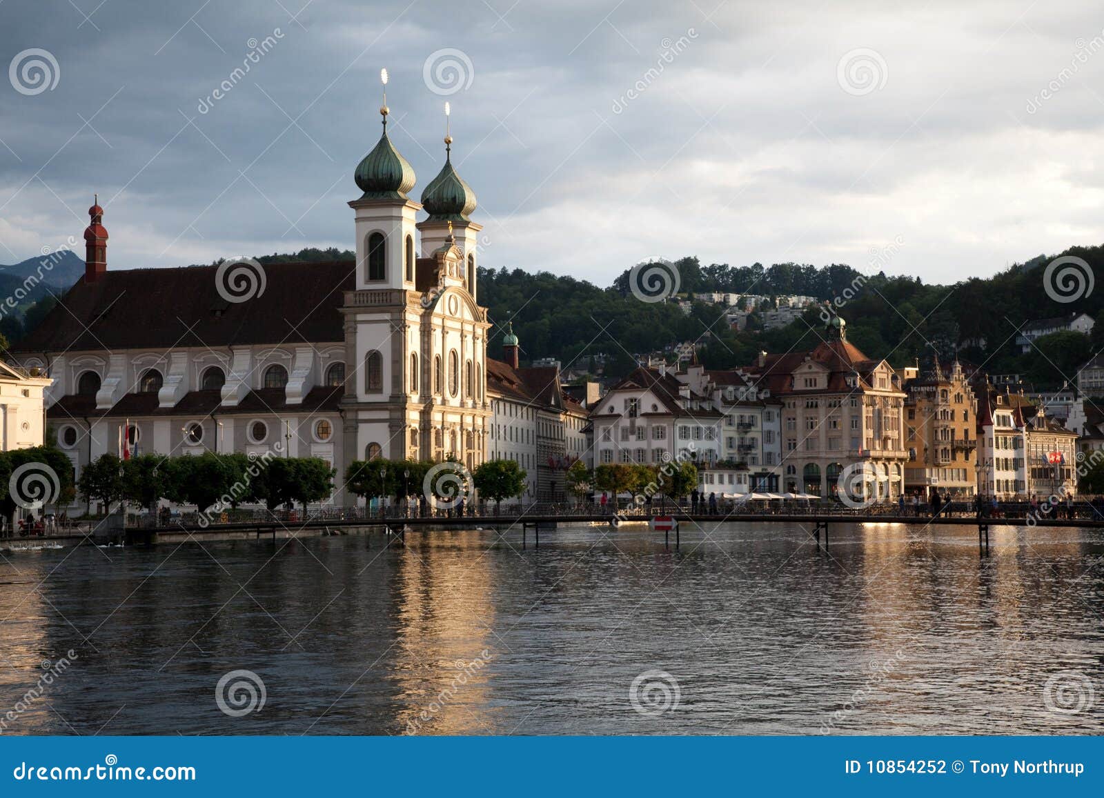 Swiss Chapel with Spires on River Stock Photo - Image of reflection ...
