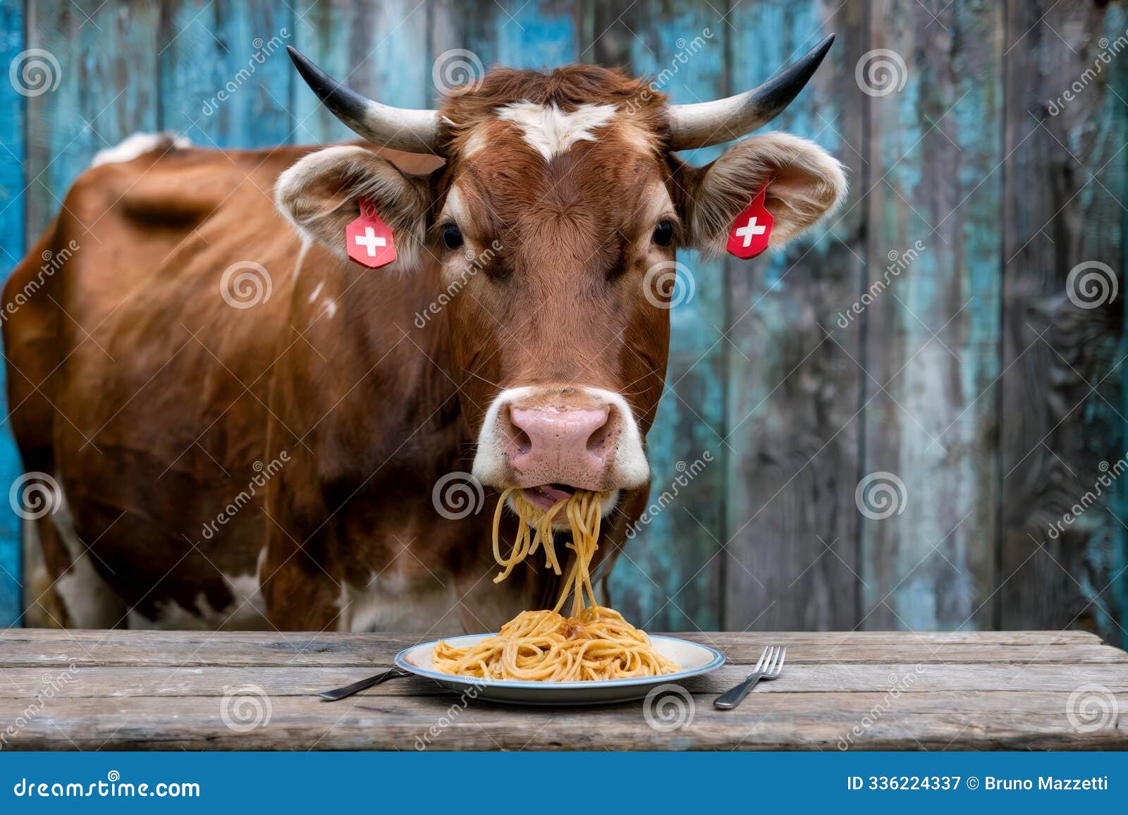 A Swiss Cow Amusingly Eats Spaghetti Off a Plate at a Rustic Table ...