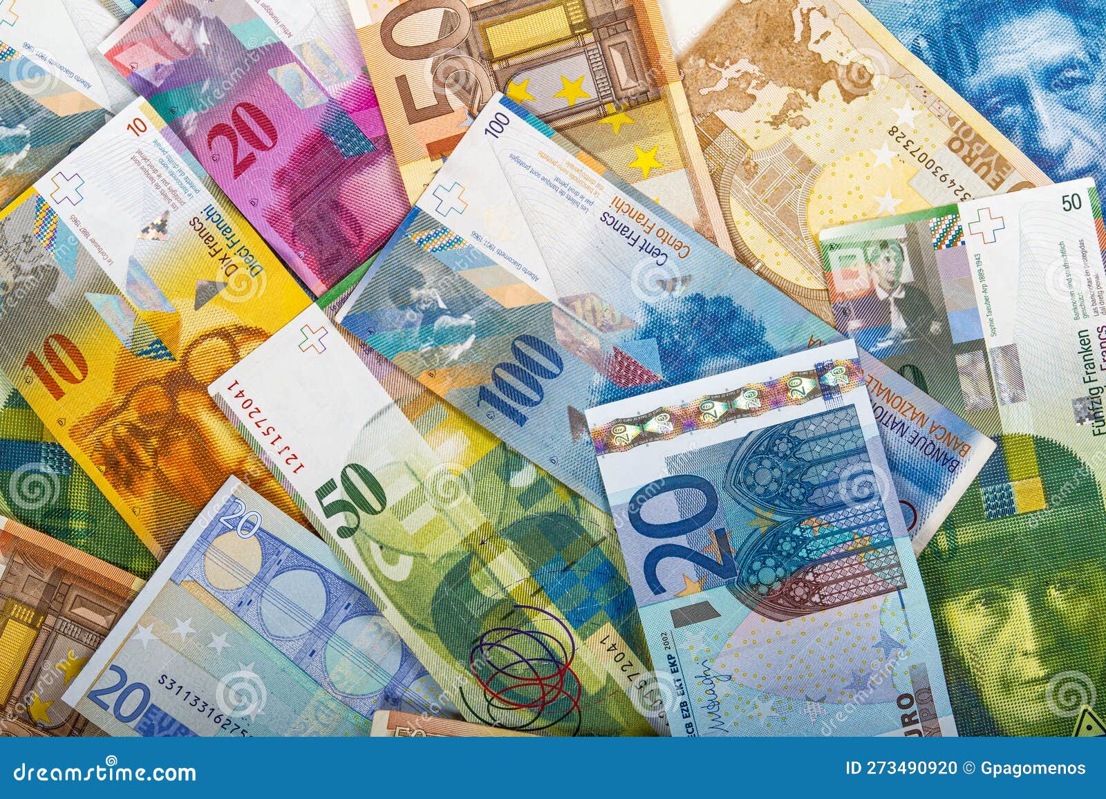 Swiss Francs and EU Euro Bills of Various Banknotes Values. Stock Photo ...