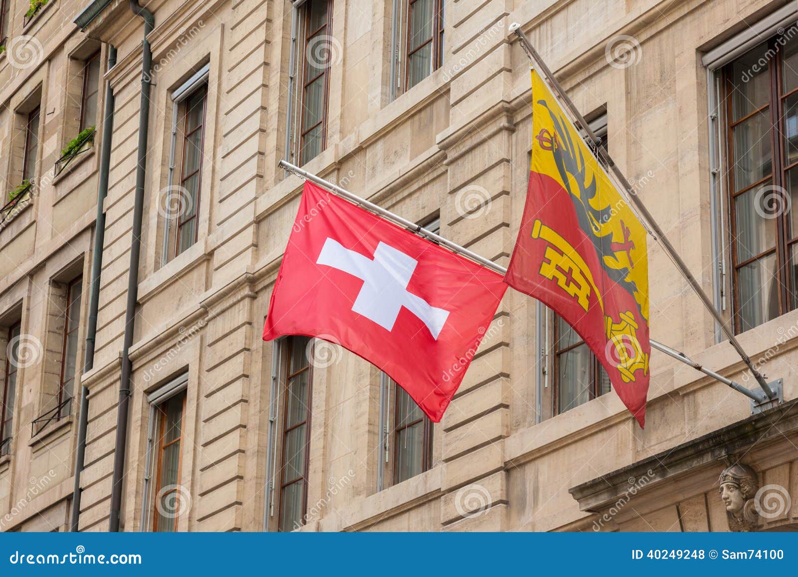 Swiss and Geneva Flag Floating Stock Photo - Image of door, cross: 40249248