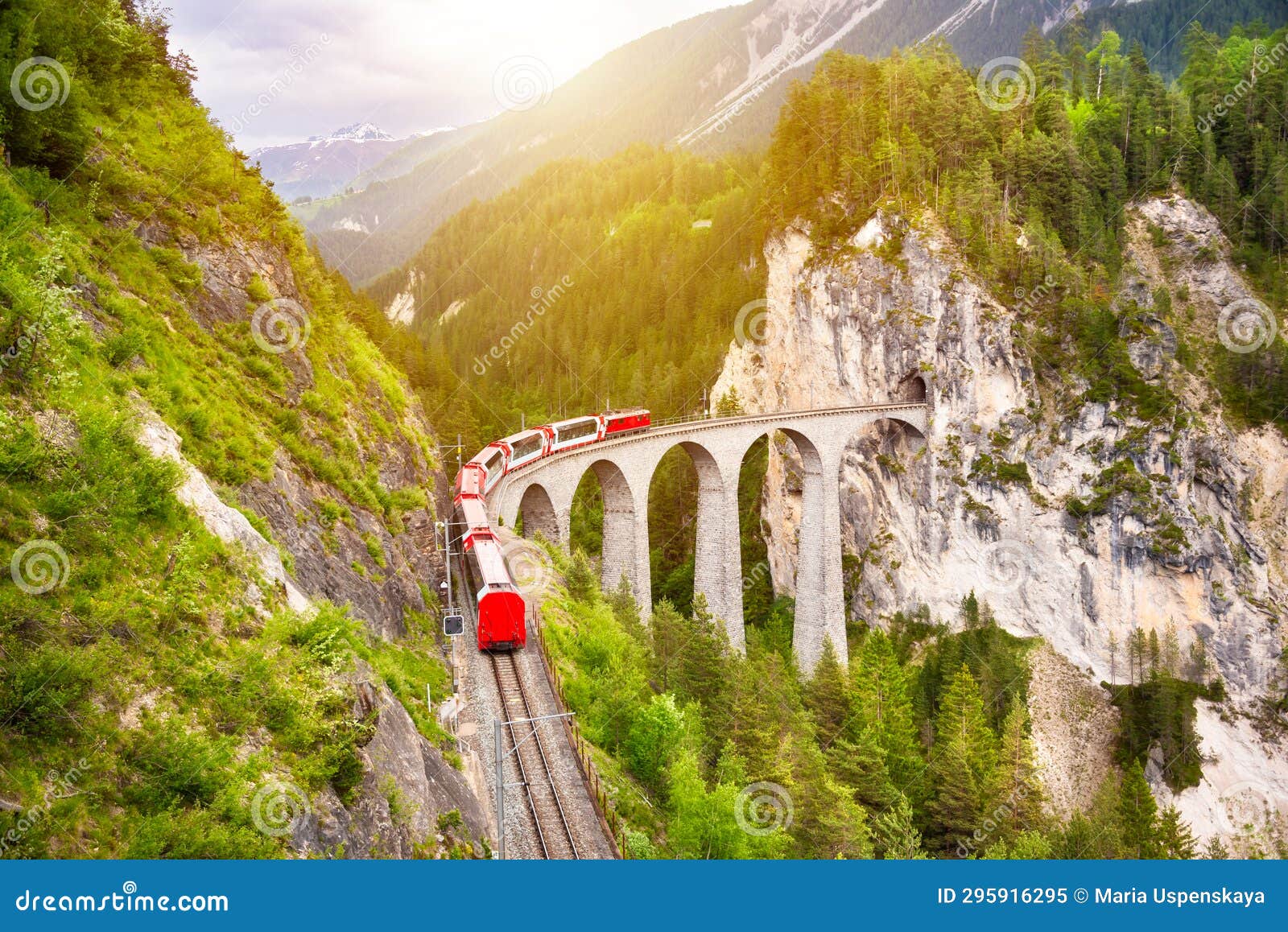 Swiss Red Train on Viaduct in Mountain, Scenic Ride Stock Image - Image ...