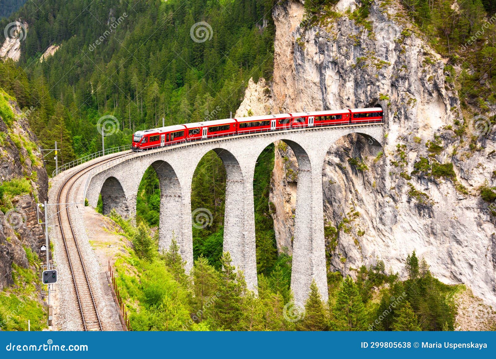 Swiss Red Train on Viaduct in Mountain, Scenic Ride Stock Photo - Image ...