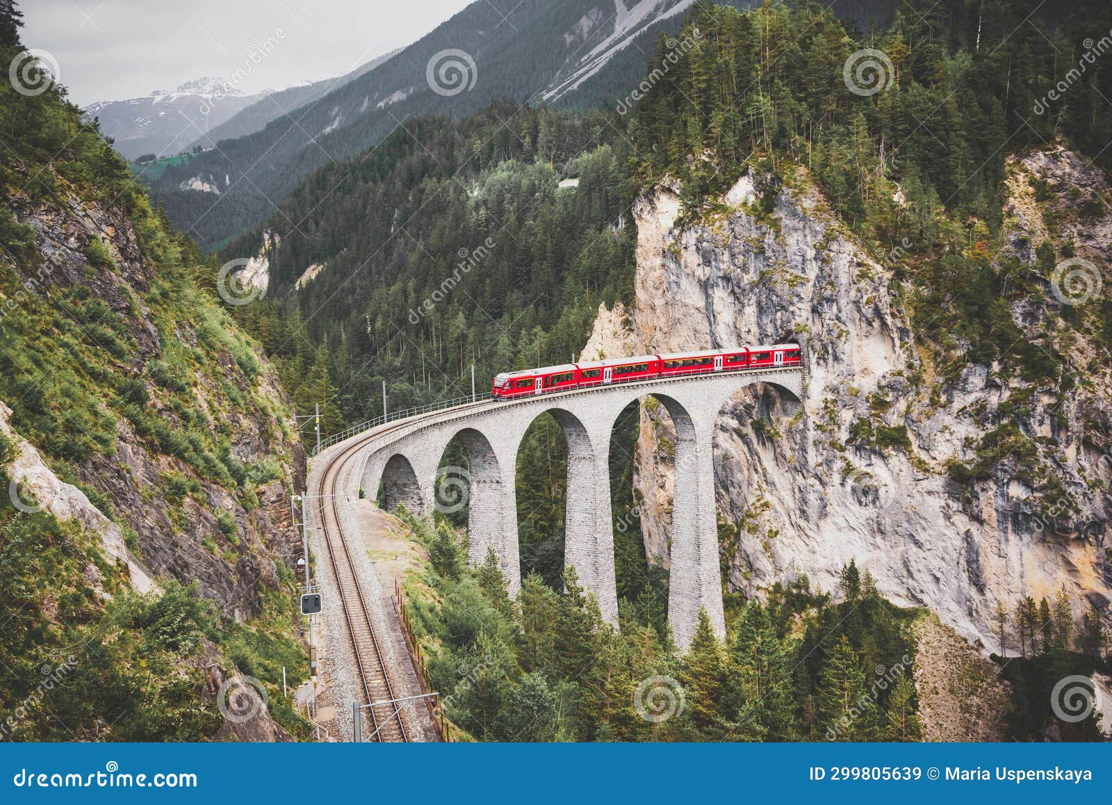 Swiss Red Train on Viaduct in Mountain, Scenic Ride Stock Image - Image ...