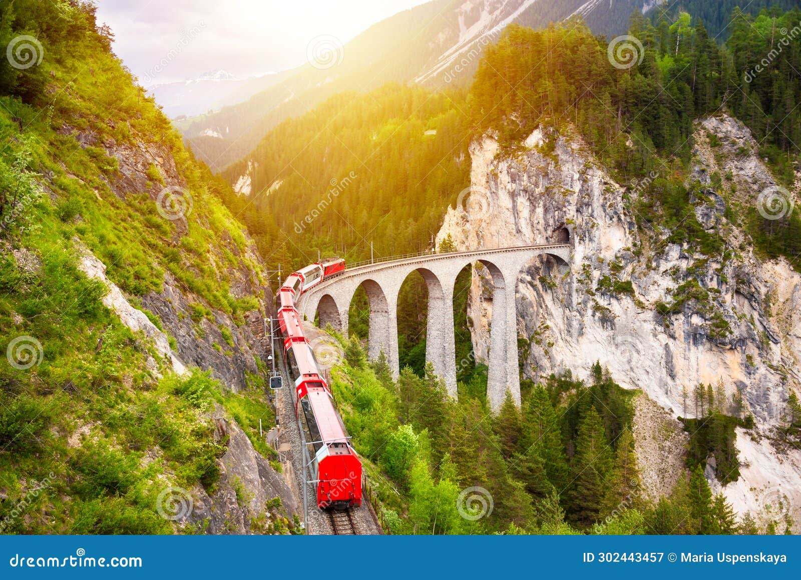 Swiss Red Train on Viaduct in Mountain, Scenic Ride Stock Image - Image ...