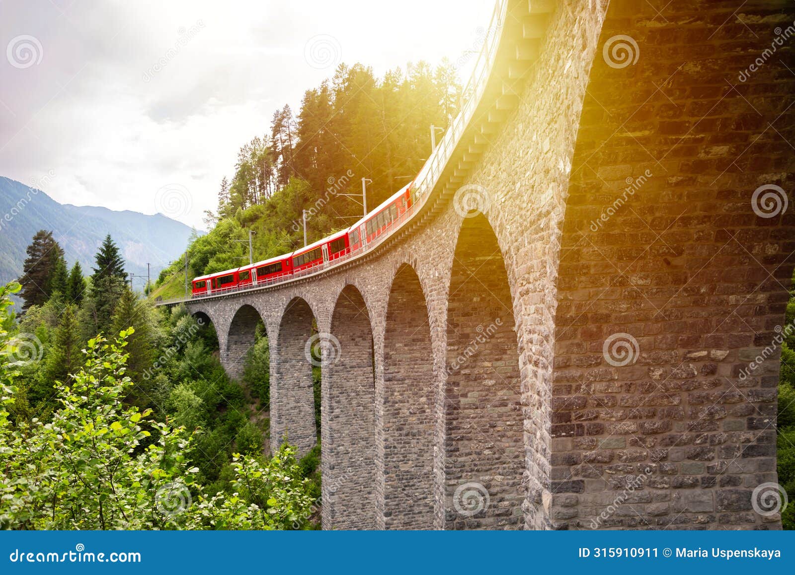 Swiss Red Train on Viaduct in Mountain, Scenic Ride Stock Image - Image ...