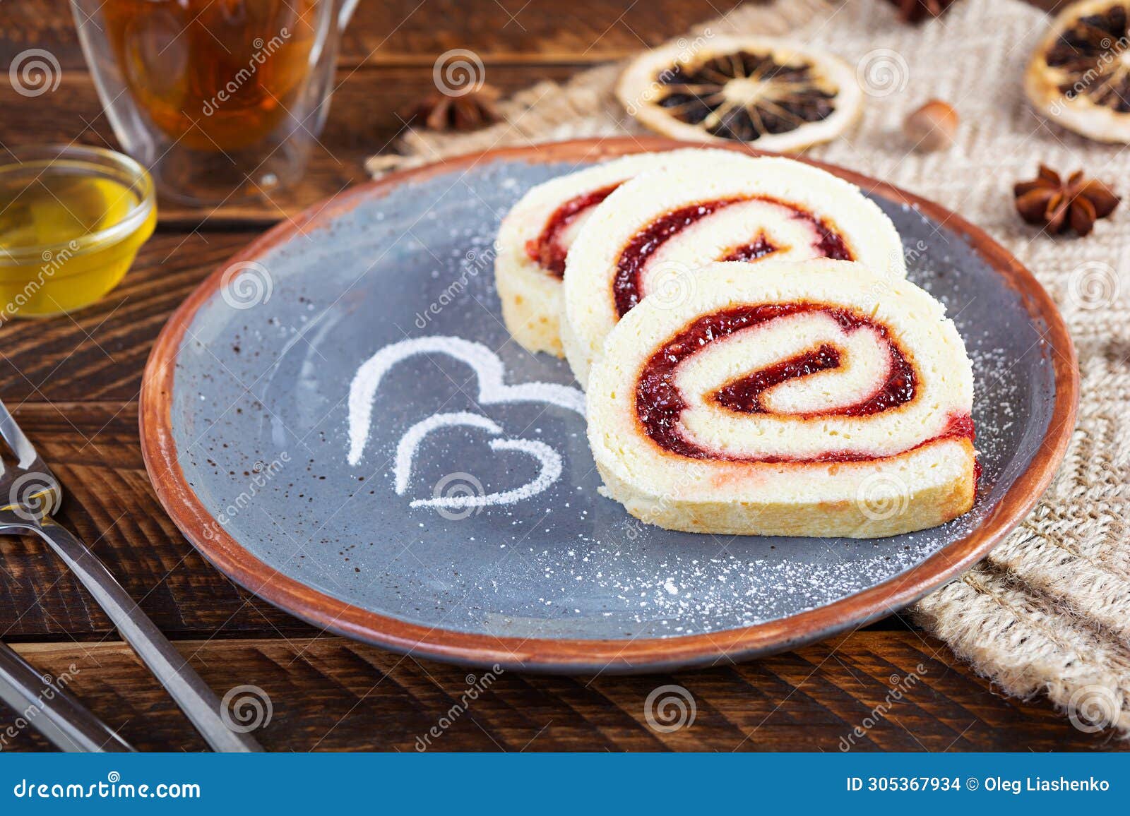 Swiss Roll with Strawberry Jam. Jelly Roll with Decoration Stock Photo ...