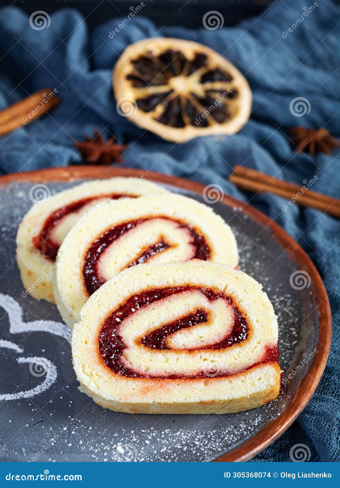 Swiss Roll with Strawberry Jam. Jelly Roll with Decoration Stock Photo ...