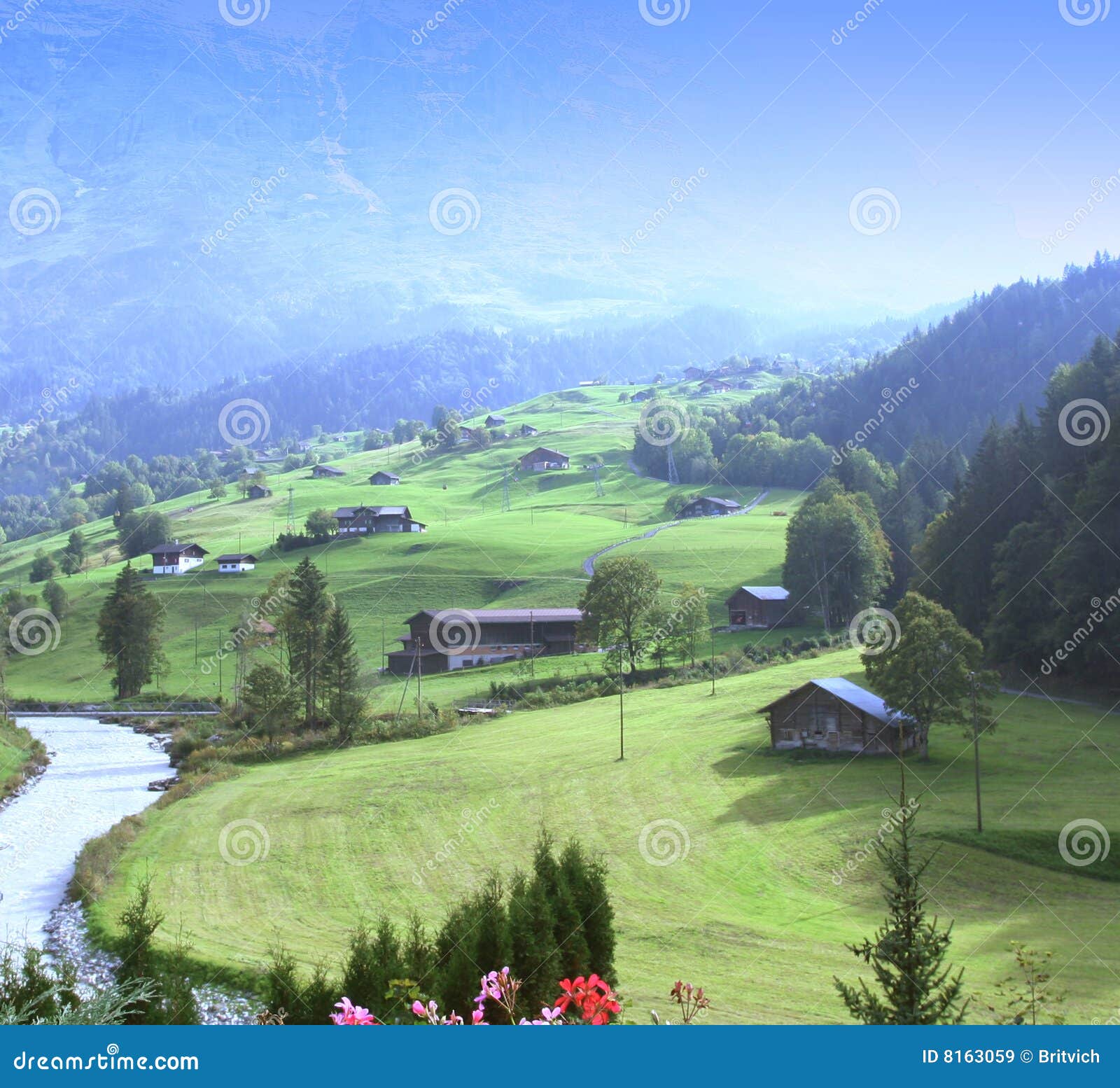 Swiss valley view stock image. Image of hiking, alps, chalets - 8163059
