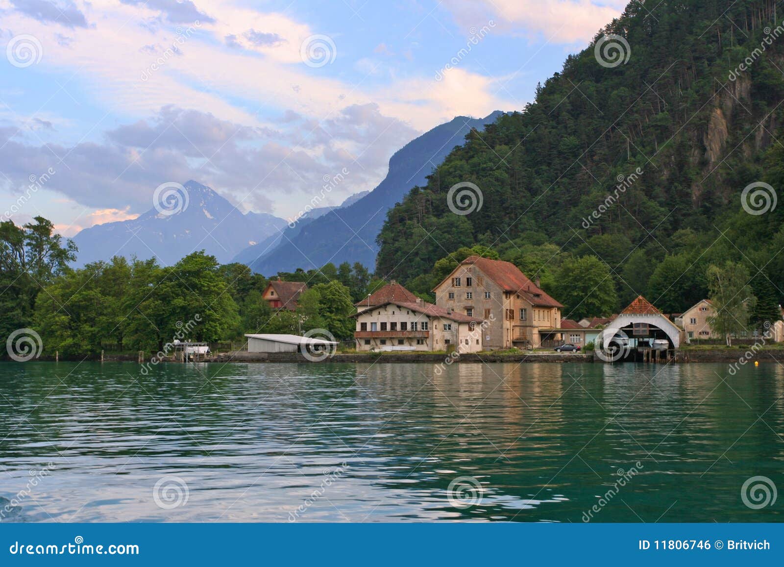 Swiss village on the lake stock photo. Image of relax - 11806746