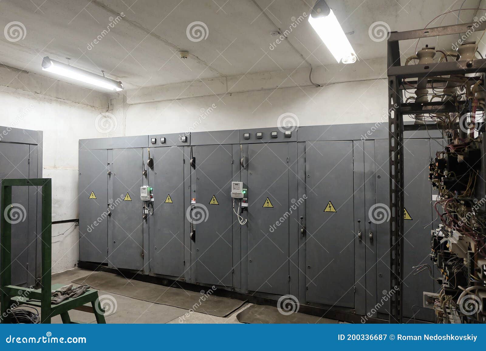 Switchboard Room with Metal Electrical Cupboards and Contact-breakers ...