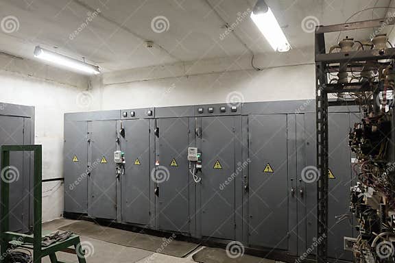 Switchboard Room with Metal Electrical Cupboards and Contact-breakers ...