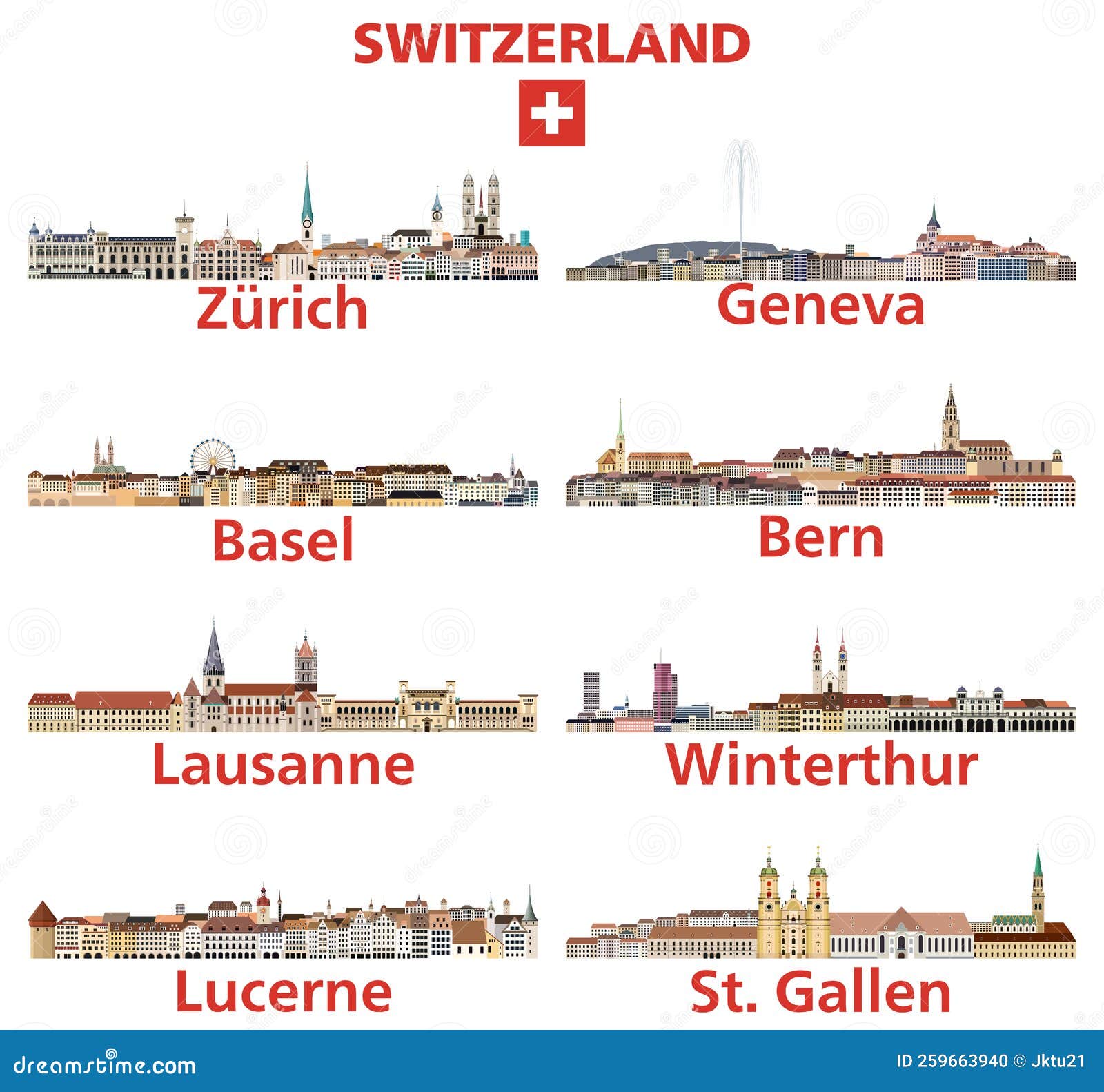 Switzerland Cities Skylines Vector Illustrations Set Stock Vector ...