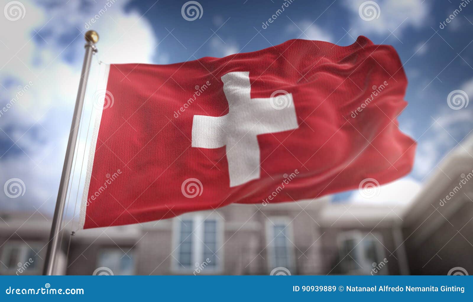 Switzerland Flag 3D Rendering on Blue Sky Building Background Stock ...