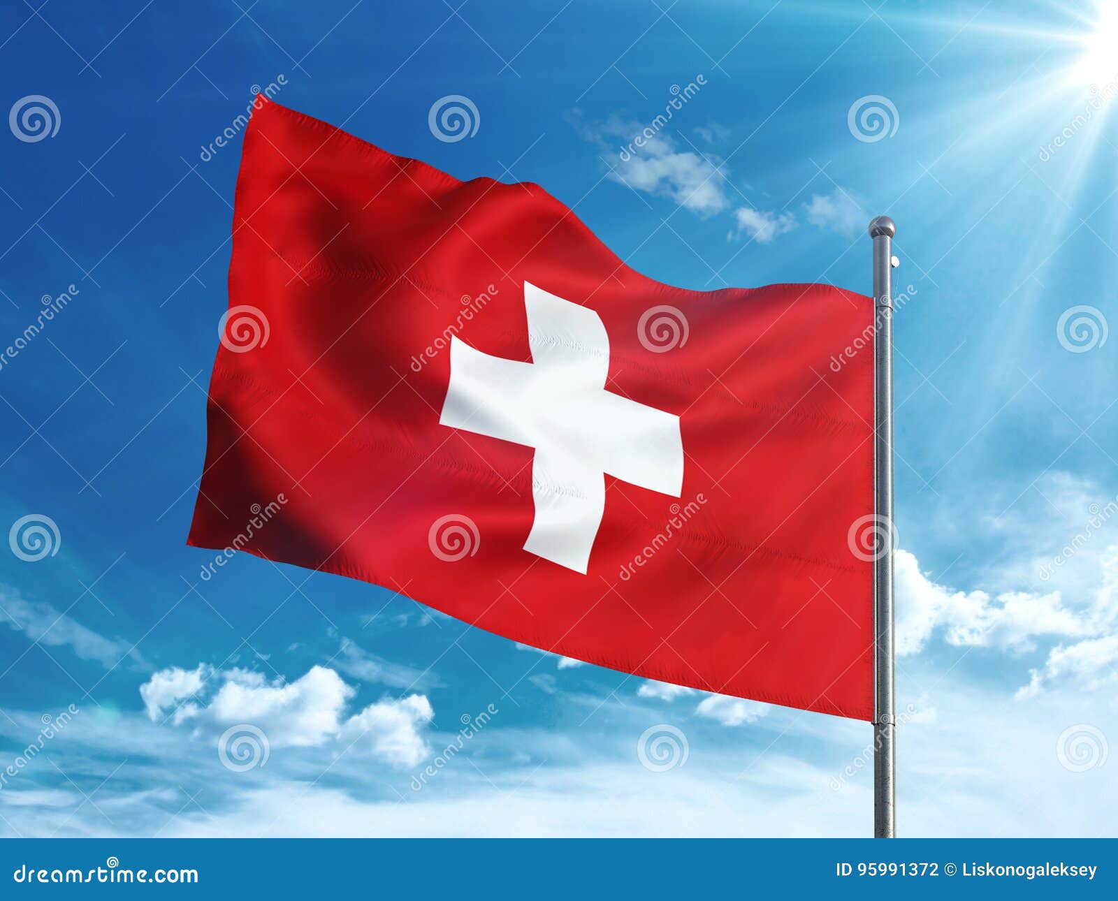 Switzerland Flag Waving in the Blue Sky Stock Illustration ...