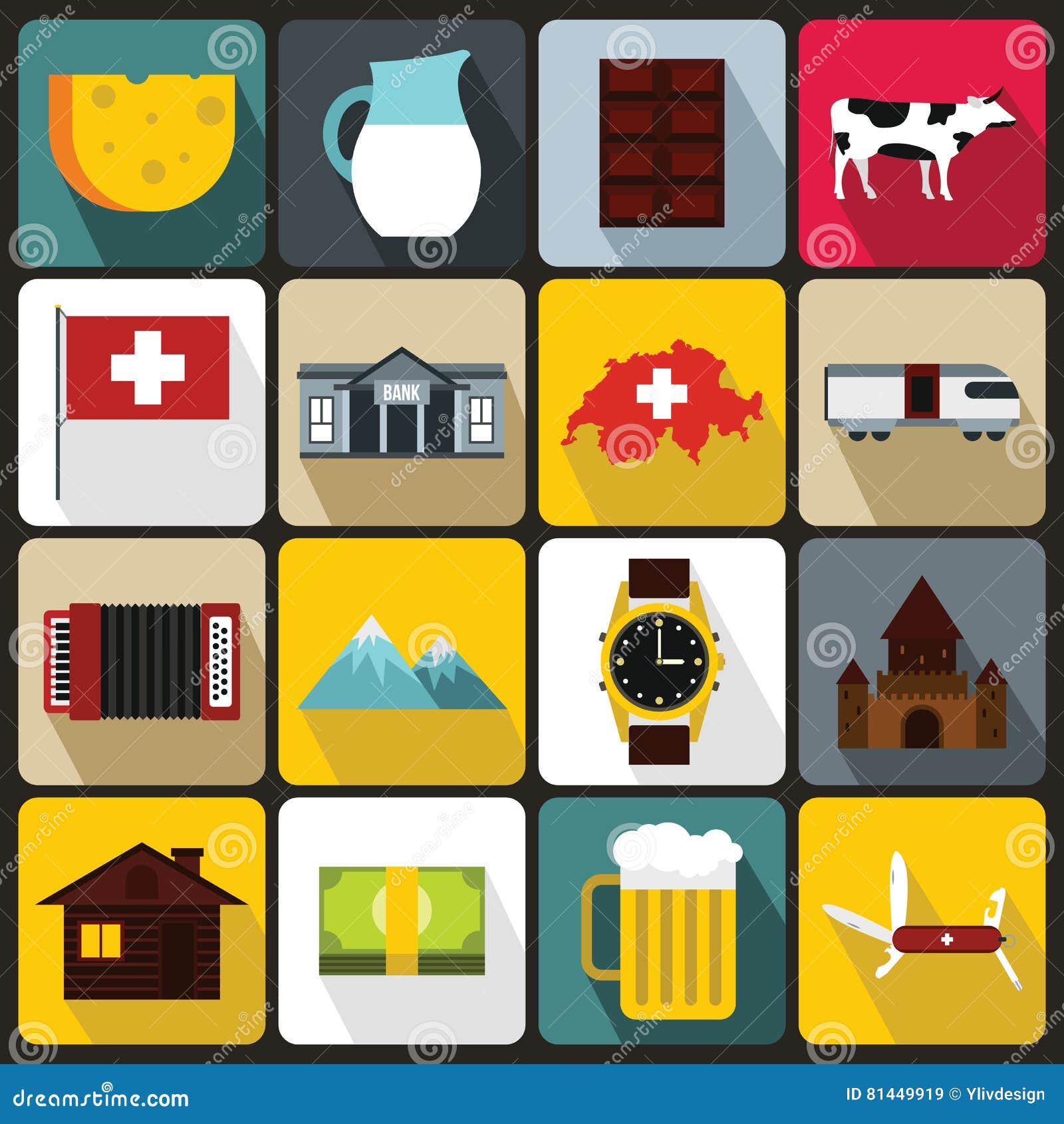 Switzerland Icons Set, Flat Style Stock Vector - Illustration of bern ...