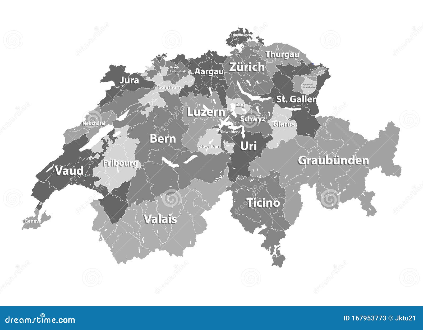 Switzerland Vector Map Colored by Cantons with Districts Boundaries ...