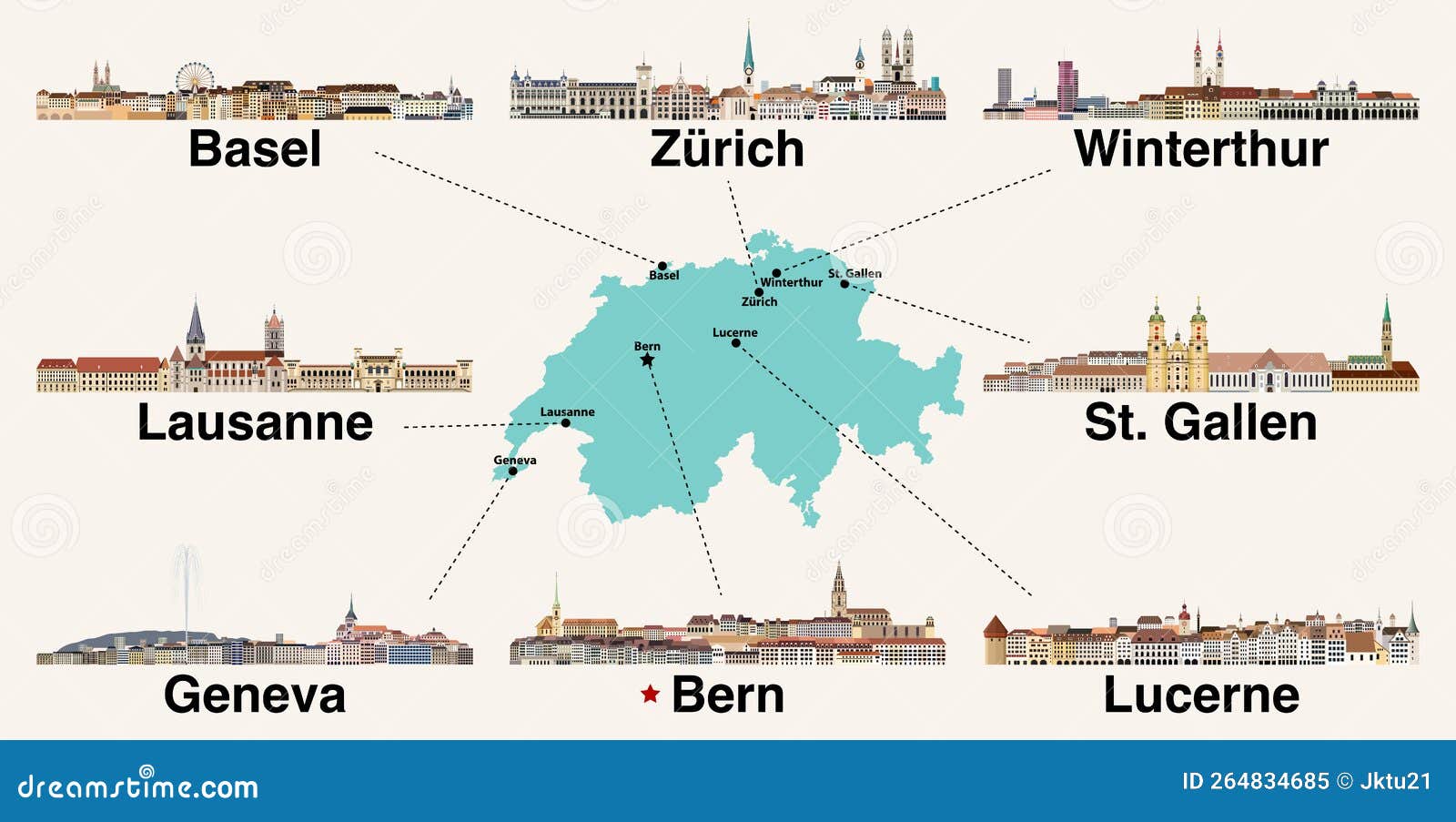 Switzerland Map with Main Cities Skylines. Vector Illustration Stock ...