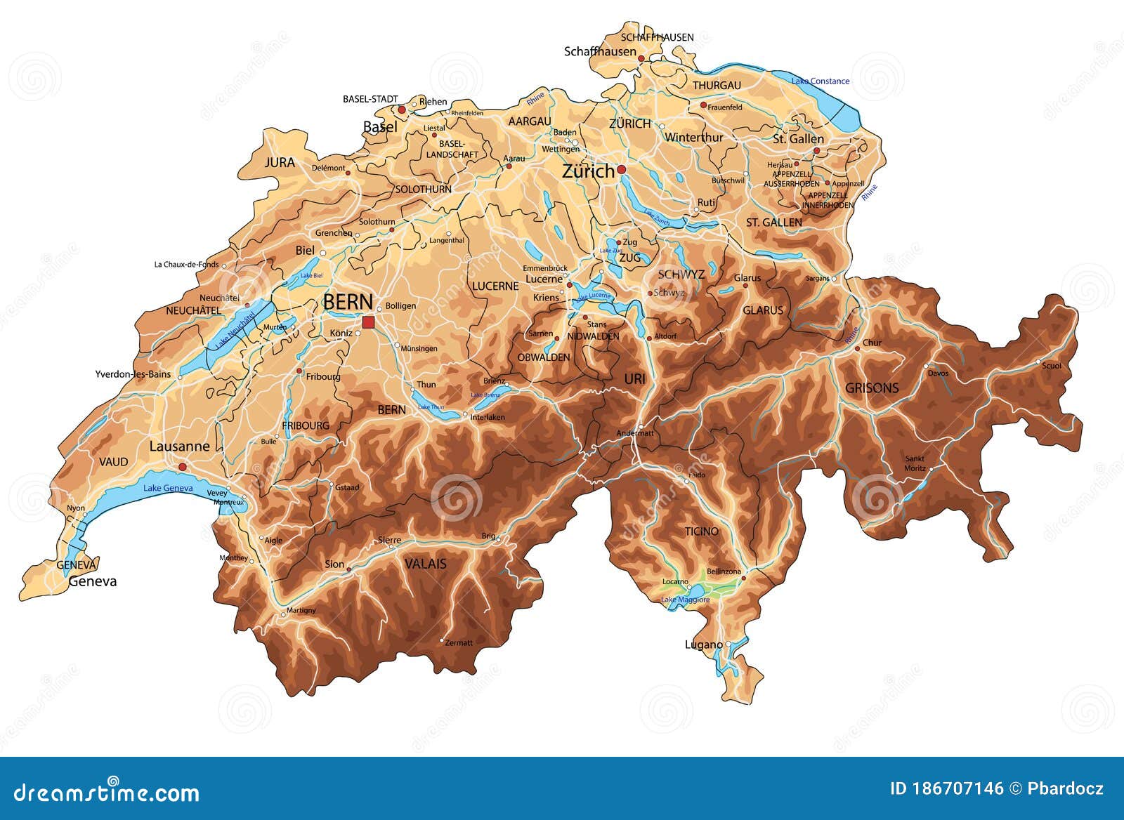 High Detailed Switzerland Physical Map with Labeling. Stock Vector ...