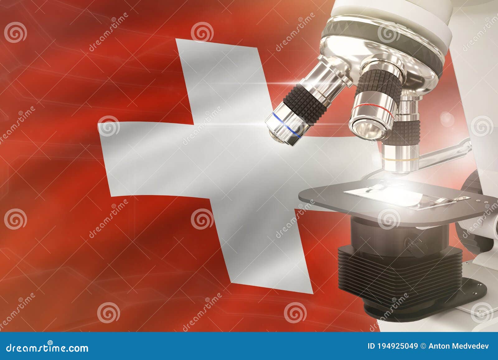Switzerland Science Development Concept - Microscope on Flag Background ...