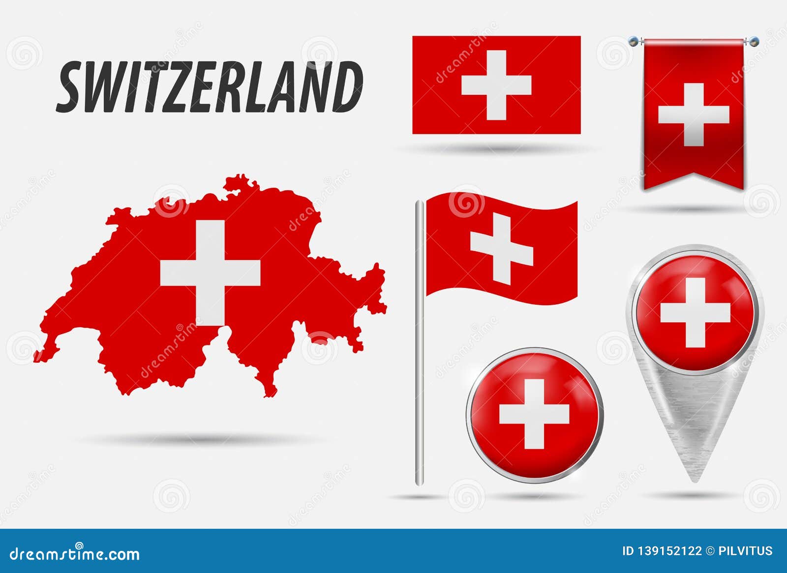 SWITZERLAND. Set Flag, Map Pointer, Button, Waving Flag, Symbol, Flat ... SWITZERLAND. Set Flag, Map Pointer, Button, Waving Flag, Symbol, Flat ...