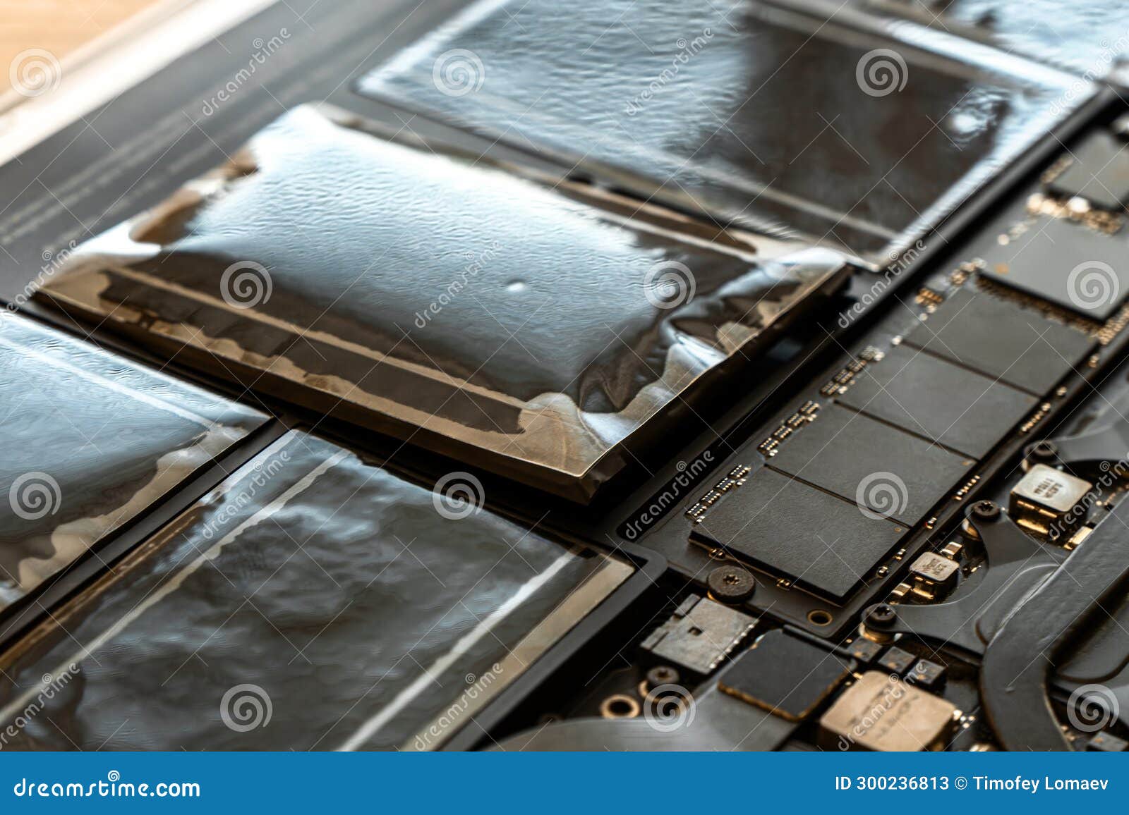 Swollen Battery of Broken Laptop in Open Casing Closeup Stock Image ...