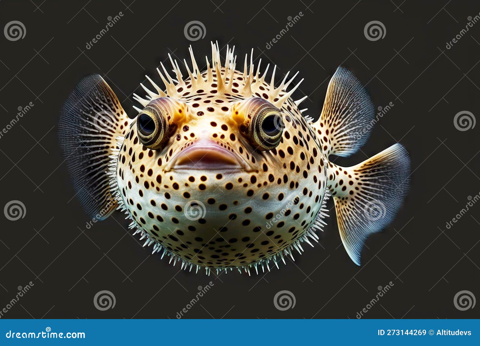 Swollen Puffer Fish with Spikes on Mottled Body Isolated Against Dark ... Swollen Puffer Fish with Spikes on Mottled Body Isolated Against Dark ...