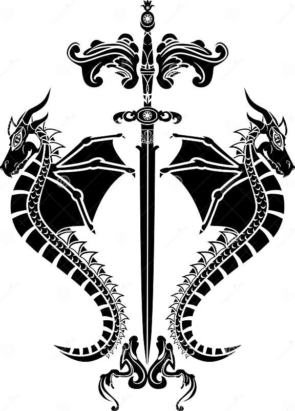 Sword and dragons stencil stock vector. Illustration of objects - 19006341