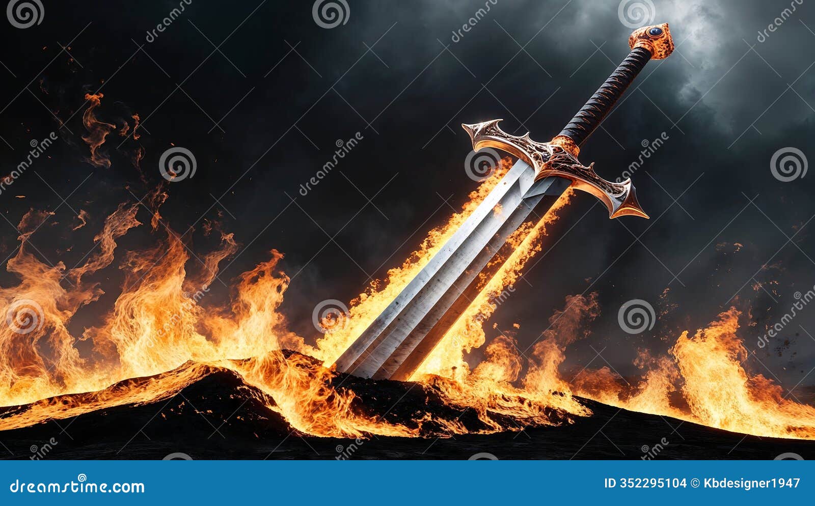 Sword Impaled into the Ground, Engulfed in Roaring Hyper Realistic Fire ...
