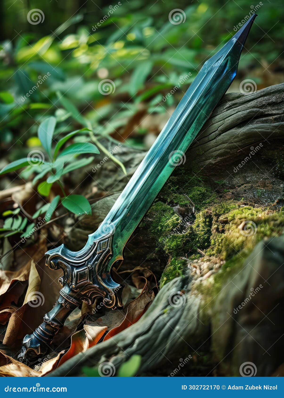 A sword lying on a log stock illustration. Illustration of plant ...