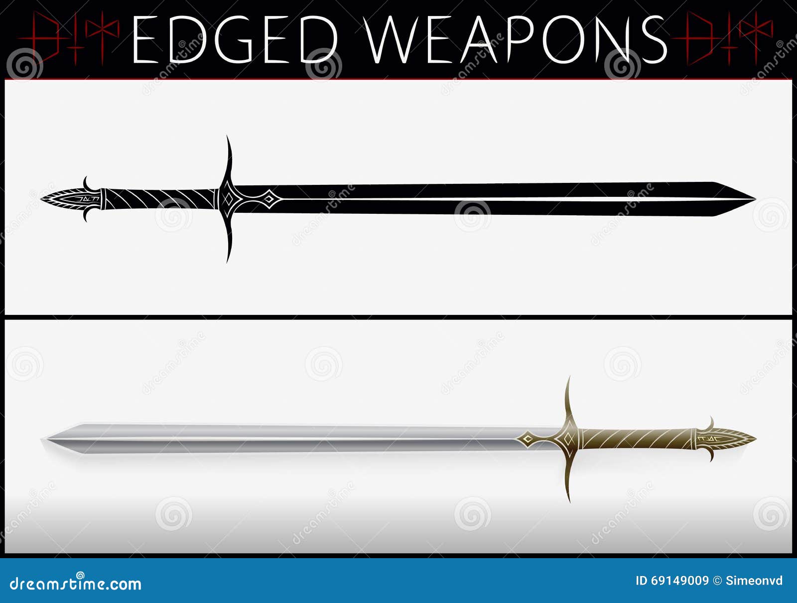 Sword. Medieval Weapons. Silhouette And Colored Cartoon Vector ...