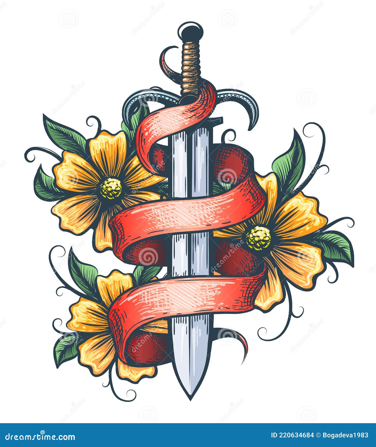 Sword with Ribbon and Flowers Tattoo Stock Vector - Illustration of ...
