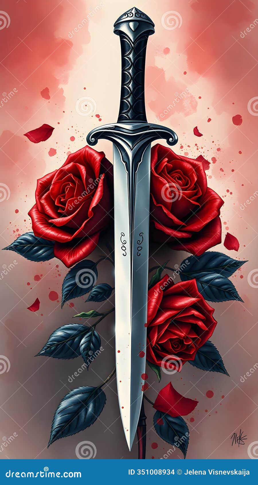 A Sword is Shown with Two Red Roses on Either Side Stock Illustration ...