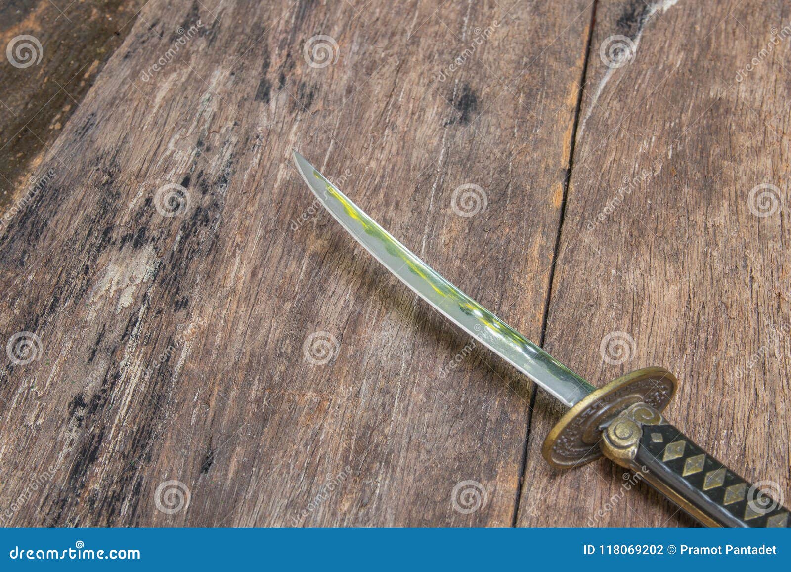 Sword Steel Blade Samurai Ancient on Old Wooden Surface Floor with Copy ...