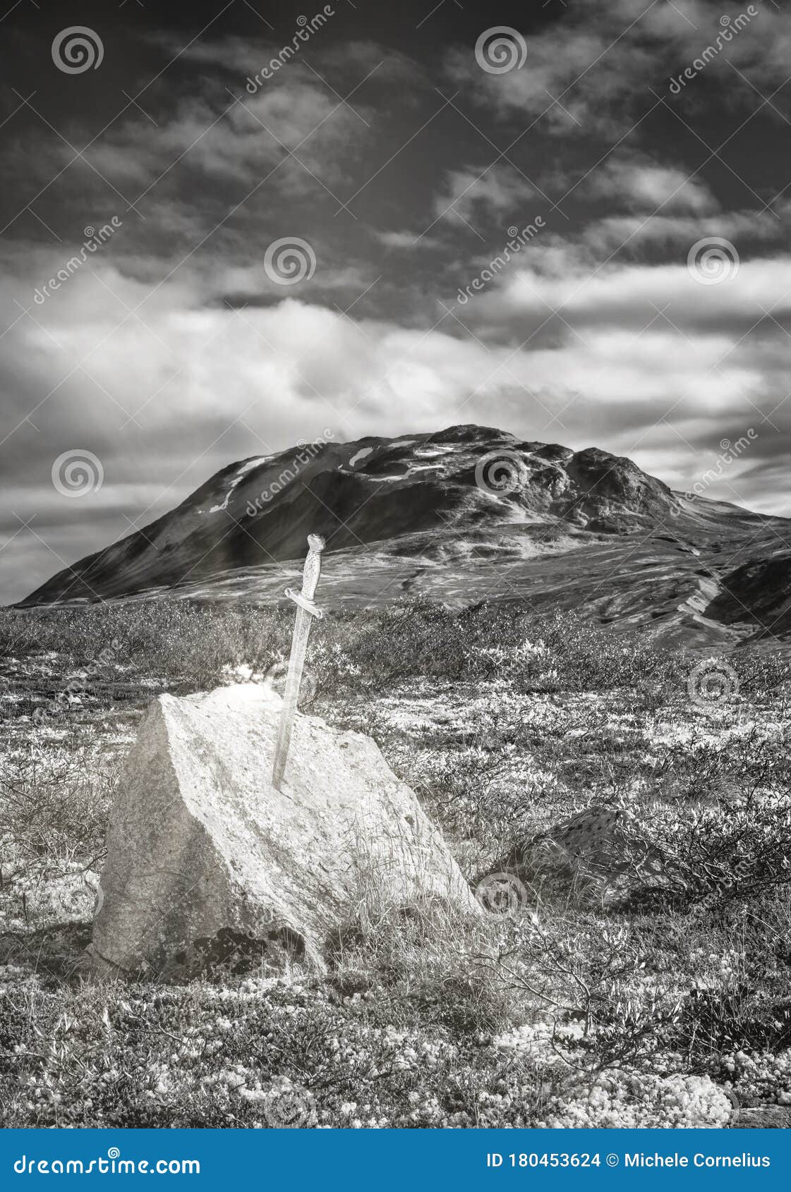 Sword In The Stone Near The Castle. Saint Arthur`s Style Medieval ...