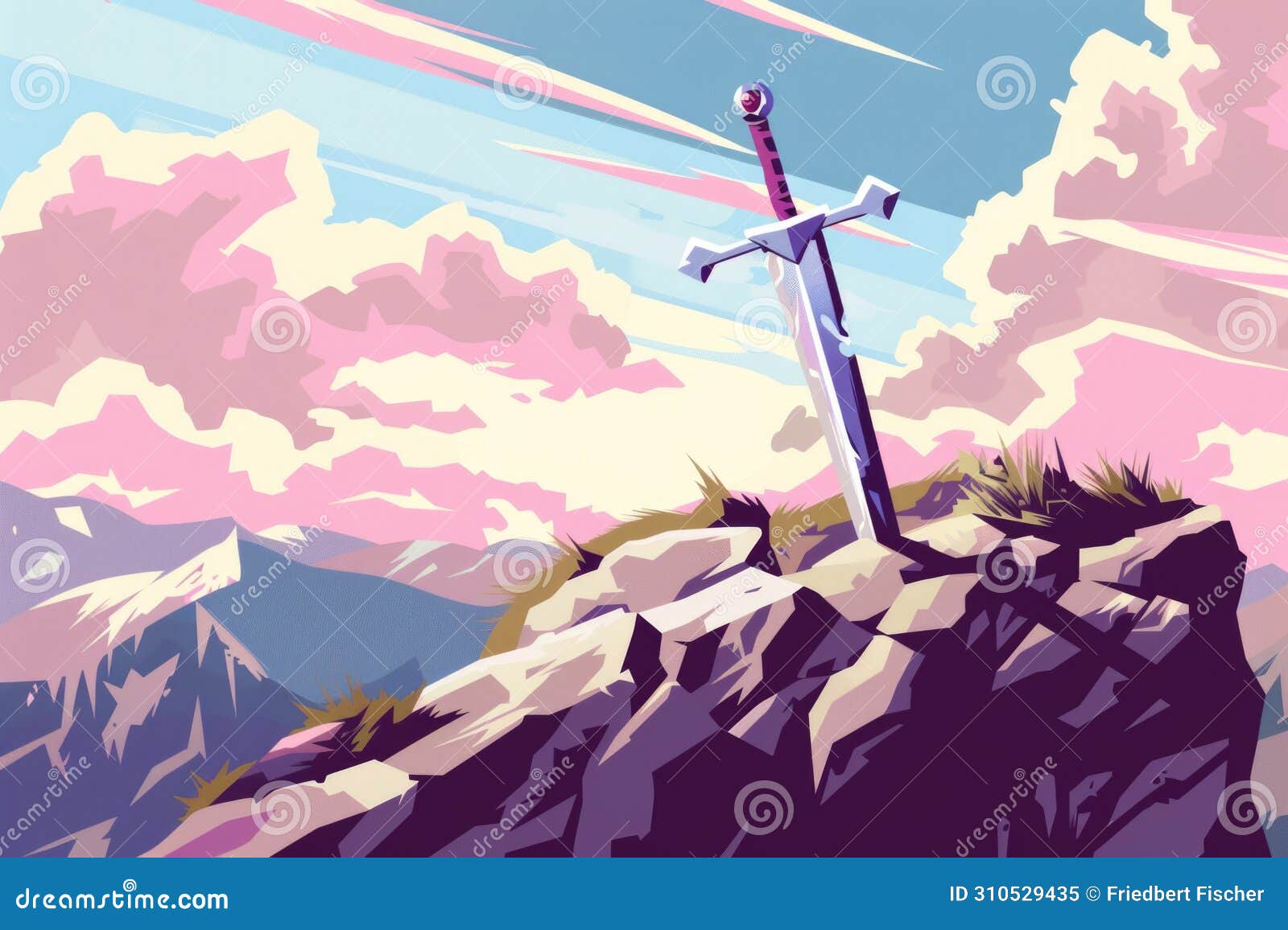 A Sword on Top of a Rock in the Sky Stock Illustration - Illustration ...