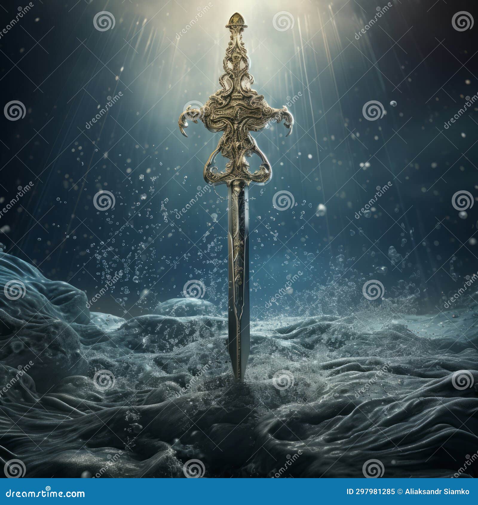 A Sword in Water with Light Shining through Stock Illustration ...