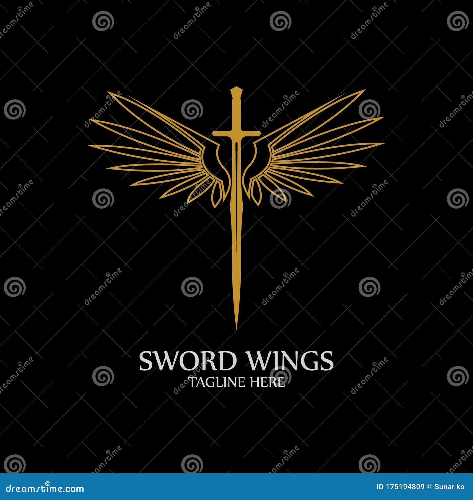 Sword with Wings. Golden Sword Symbol on Black Background Stock Vector ...