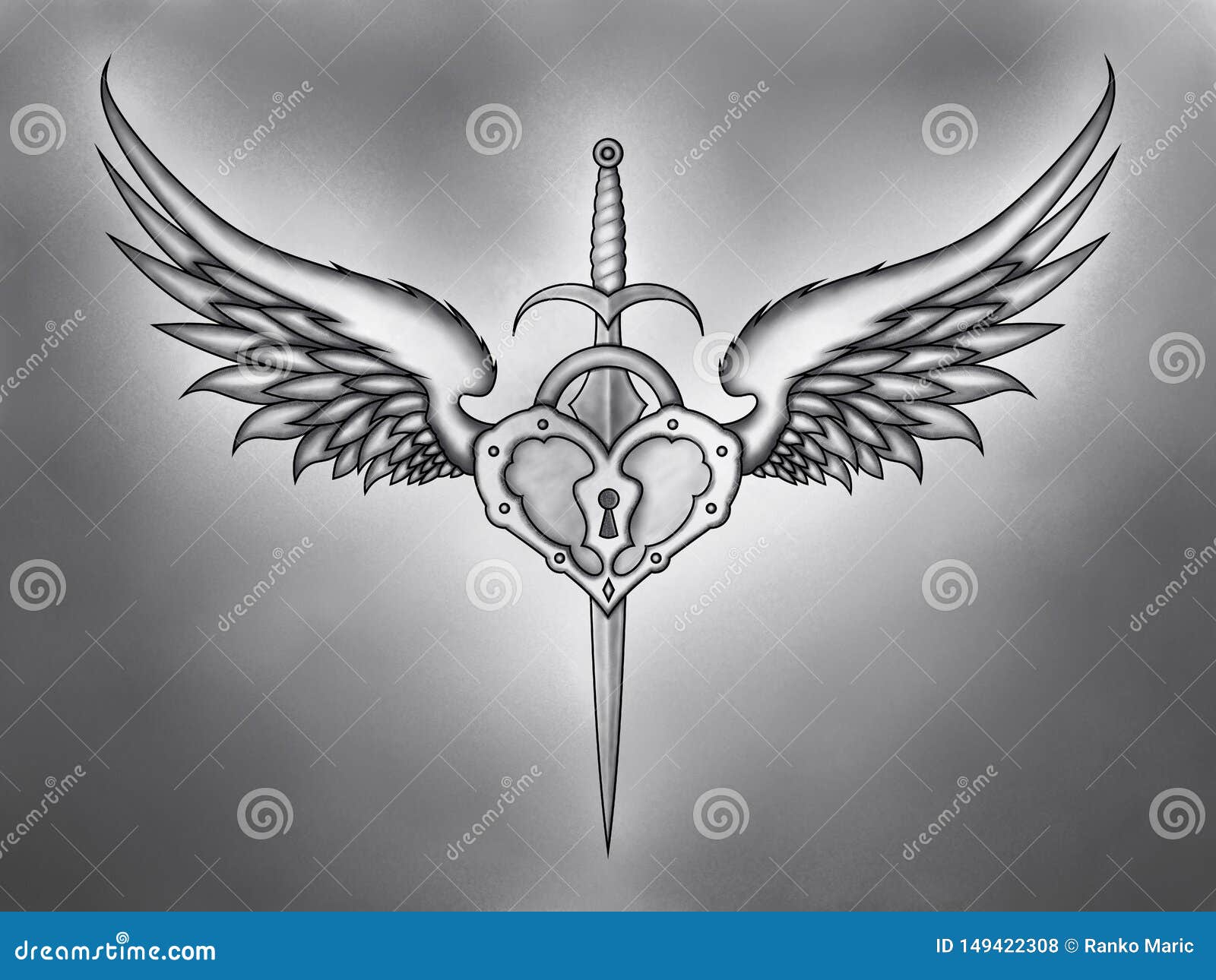 Sword, Wings and Lock Black and White Tattoo Stock Illustration ...