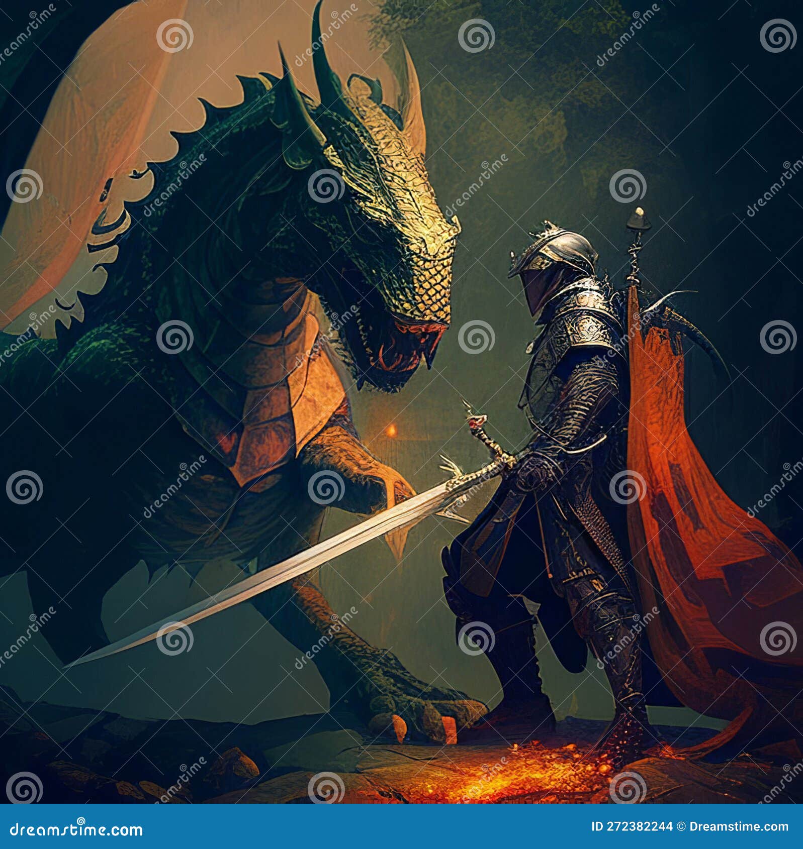A Swordsman and a Great Dragon Stock Illustration - Illustration of ...