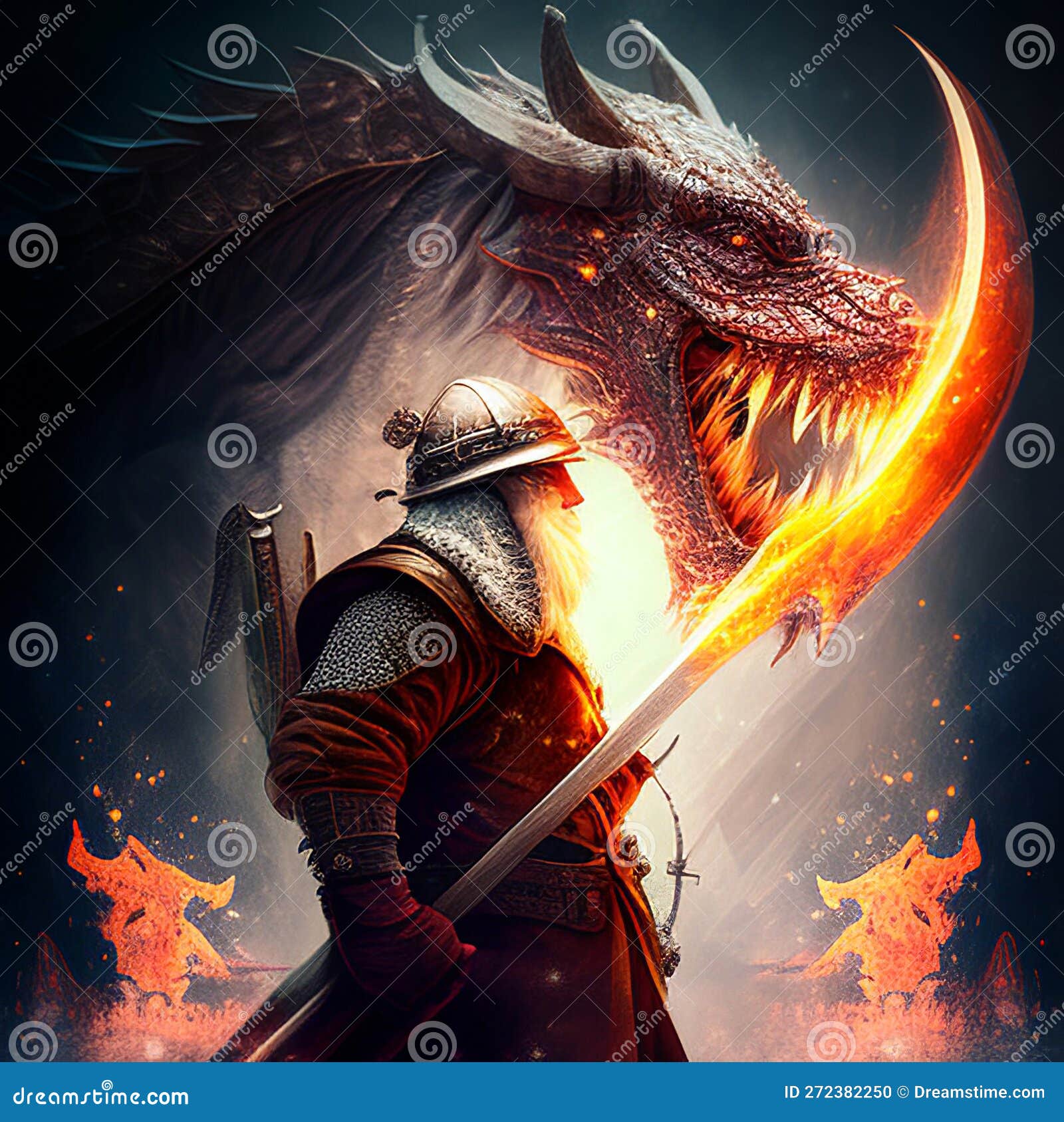 A Swordsman and a Great Dragon Stock Illustration - Illustration of ...