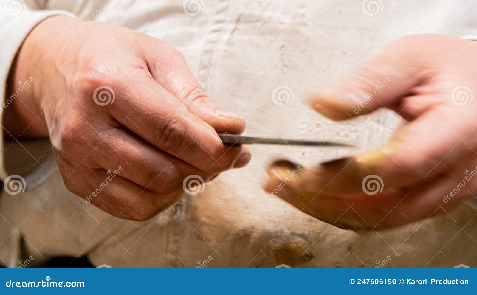 Swordsmith is Checking Sharpness of Blade of Small Katana Stock Photo ...