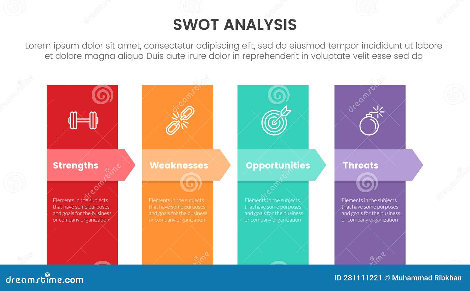 Swot Analysis Concept with Long Vertical Box and Right Arrow for ...