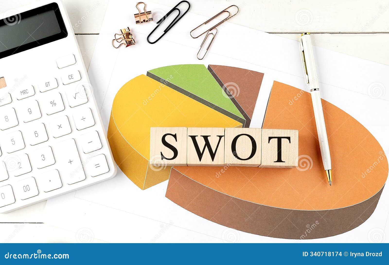 SWOT Analysis Concept with Wooden Blocks, Pie Chart, and Calculator on ...