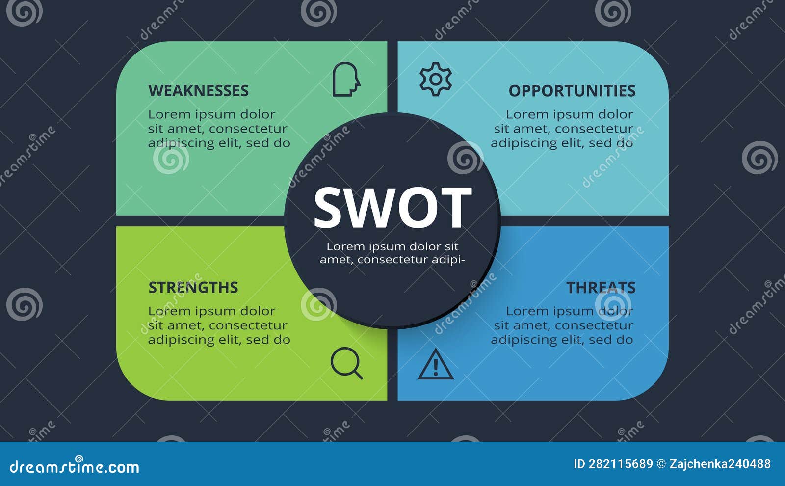 SWOT Diagram with 4 Steps, Options, Parts or Processes. Template for ...