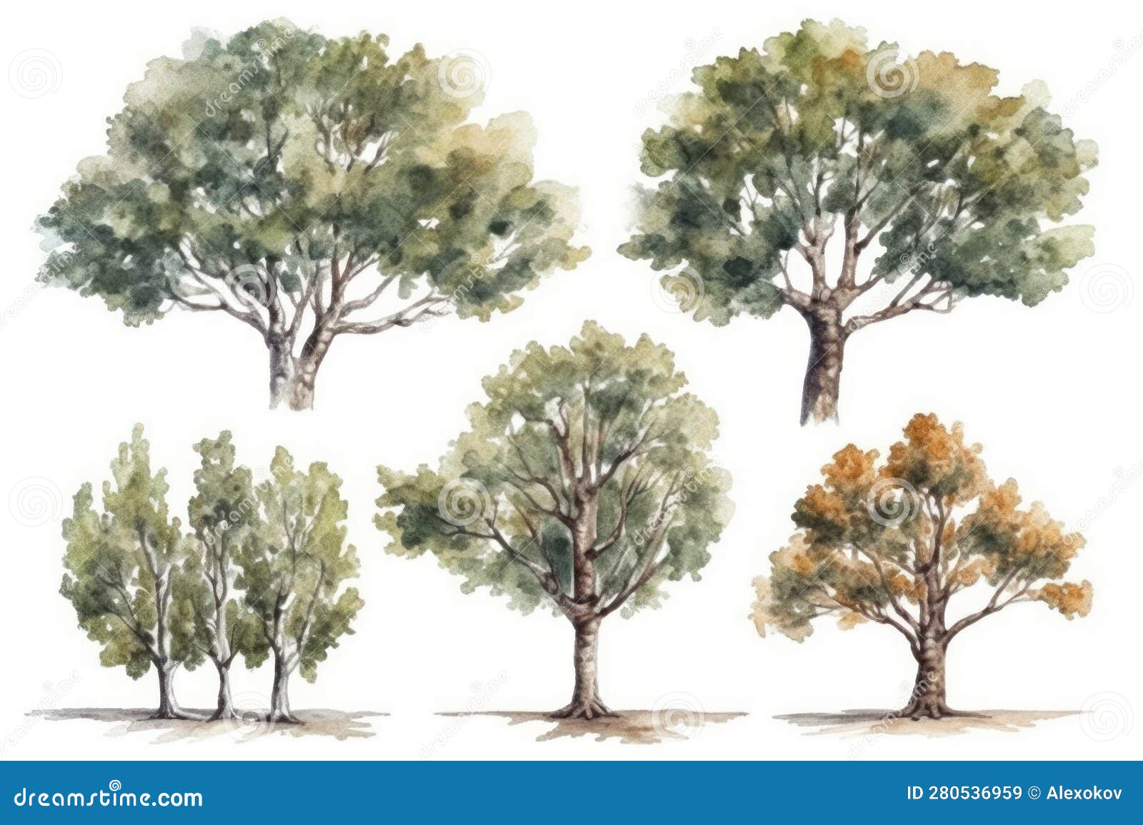 Sycamore Tree Forest Collection: Hand-Drawn Watercolor Trees . Stock ...